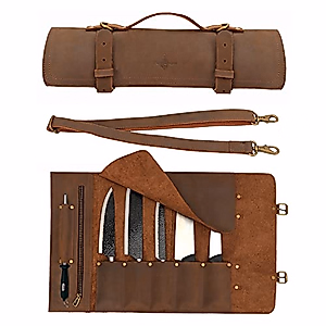 TOURBON Leather Knife Roll Bag, Kitchen Tool Holder with 5 Slot and Zipper pocket, Camping Cooking Tools Stroage Carry Case with Shoulder Strap