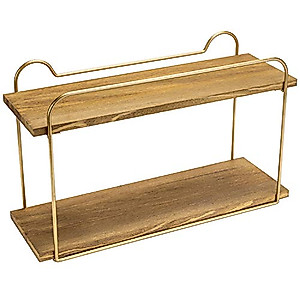 MyGift Modern 2-Tier Floating Wall Shelf, Natural Brown Wood Bathroom Shelves with Vintage Brass Metal Frame