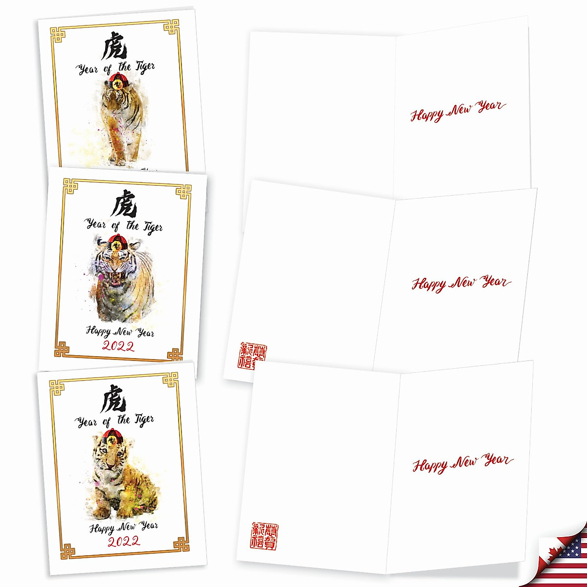 The Best Card Company - 20 Lunar New Year 2022 Box Set 4 x 5.12 Inch w/Envelopes (not Gold Foil) Chinese Animals for Men, Women Variety Pack (10 Designs, 2 Each) Year of The Tiger AM8989CNG-B2x10-22
