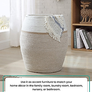 Organizix XXXL Extra Large Woven Cotton Rope Tall 25" Height Laundry Hamper Basket with Handles, Storage Basket for Toys, Blanket, and Towels - 20 x 25, White/Brown