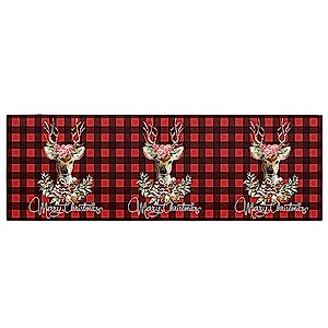 Miaklek Merry Christmas Kitchen Mats for Floor Anti Fatigue Mats for Kitchen Floor Kitchen Rugs Cushioned Mats Non Slip Comfort Standing Kitchen Rugs Set of 2, Xmas Elk Holiday Red Black Check