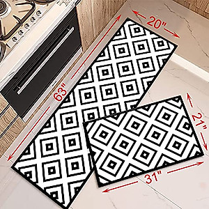 DISAKJ Kitchen Rugs and Mats Non Skid Washable Non-Slip, White and Black Area Kitchen Floor Mats Rug , Backing Mat for Doorway Mats Runner Rug Set, Geometric Design (20 x 63+20 x 31inch)