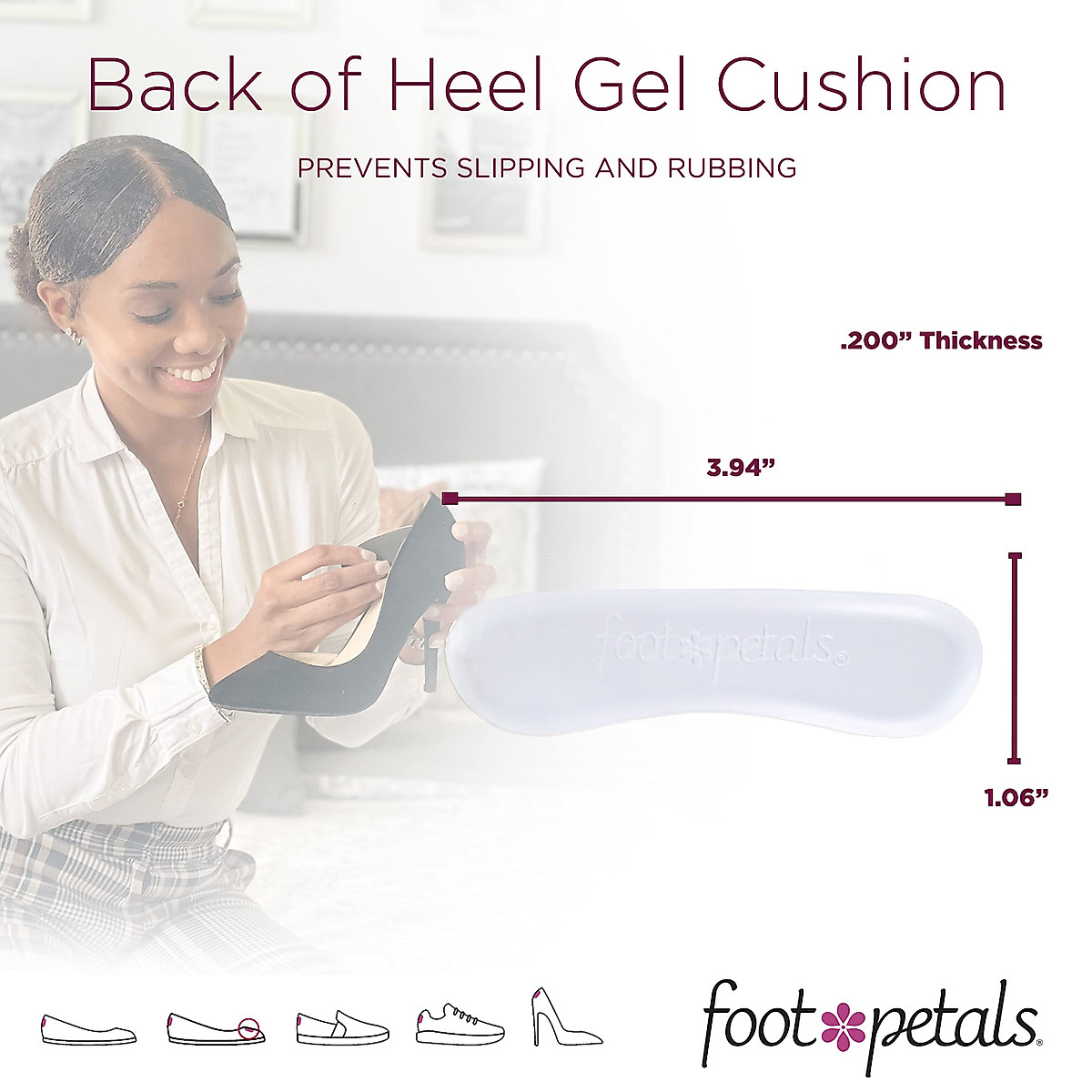 Foot Petals Womens Back of Heel Cushion Inserts, Heel Protectors, Comfortable Heel Grip for Pain Relief and Sizing, 3 pair, Gel