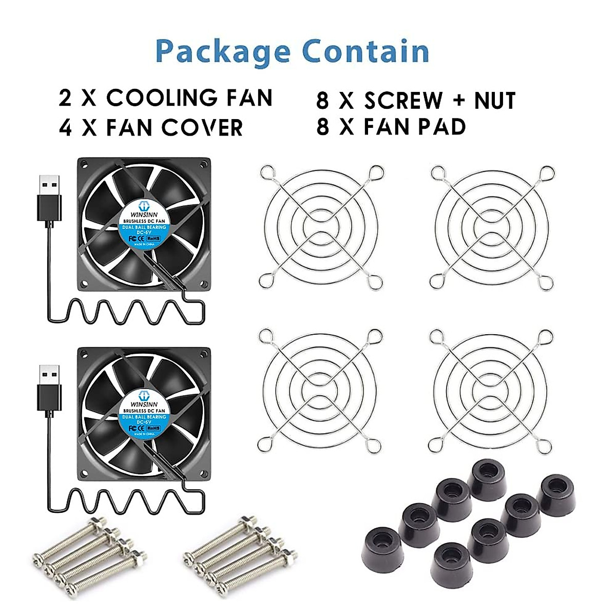 WINSINN DC 80mm USB Fan 5V 8025 Dual Ball Bearing Brushless Cooling 80mmx25mm 2PIN (Pack of 2Pcs)
