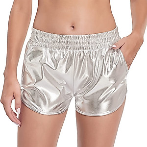 Fenyong Women's Metallic Shorts Shiny Pants with Elastic Waist Hot Rave Dance