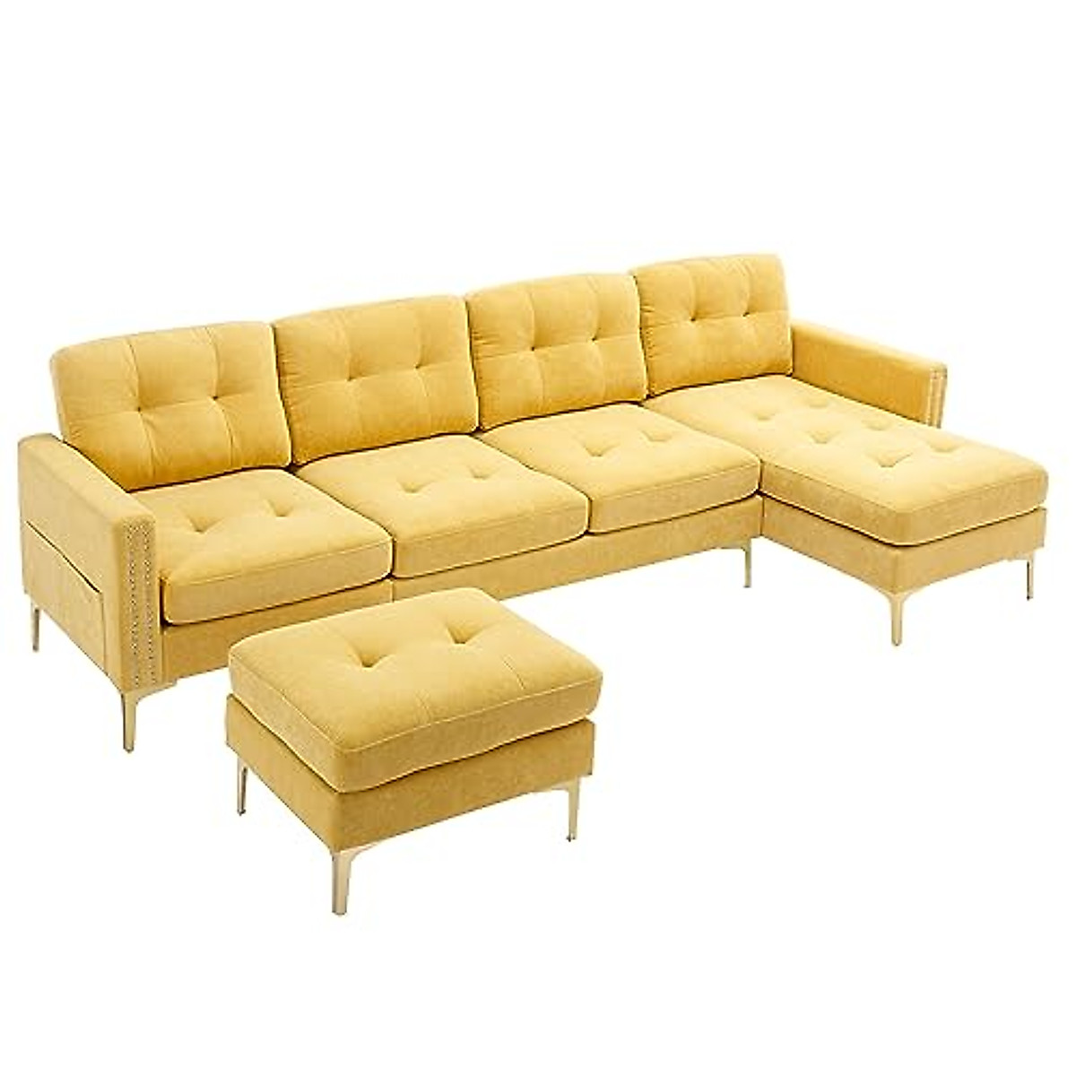 UBGO 110" Large Sofa,Living Room Furniture Sets,U/L-Shape Sectional Chaise Lounge and Convertible Ottoman,Velvet Couches for Apartment,Office (Yellow)