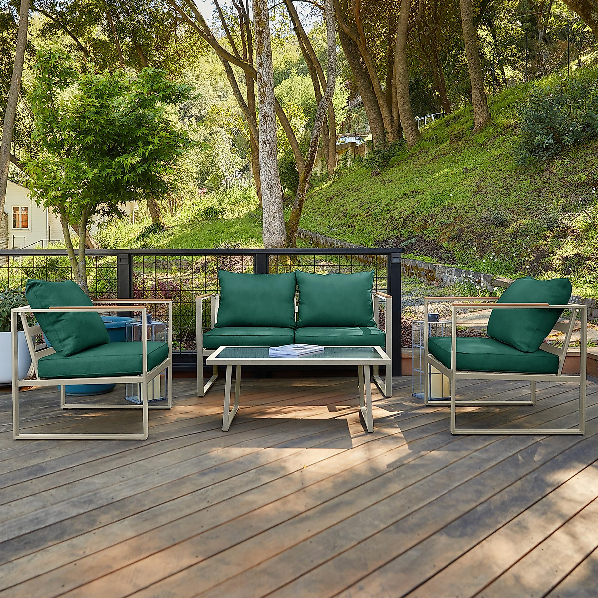 EAST OAK Courtyard Patio Furniture Set, 4-Piece Outdoor Patio Set with Sofa, Removable & Washable Seating Cushion, Tempered Glass Table, Outside Patio Conversation Sets, Champagne Gold & Jungle Green