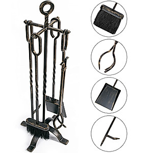 AMAGABELI GARDEN & HOME 5 Pieces Fireplace Tools Sets Wrought Iron Fireplace Set Antique Brass Copper with Poker Tongs Broom Shovel Stand Indoor Fire Place Kit Wood Stove Hearth Accessories Gold