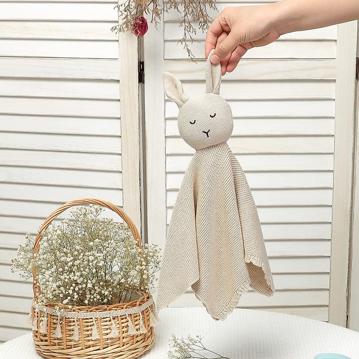 LAWKUL Baby Lovey Knit Cotton Babe Security Blanket Bunny Comforter Blankie Adorable Soft Newborns Lovies for Boy Girl Beige