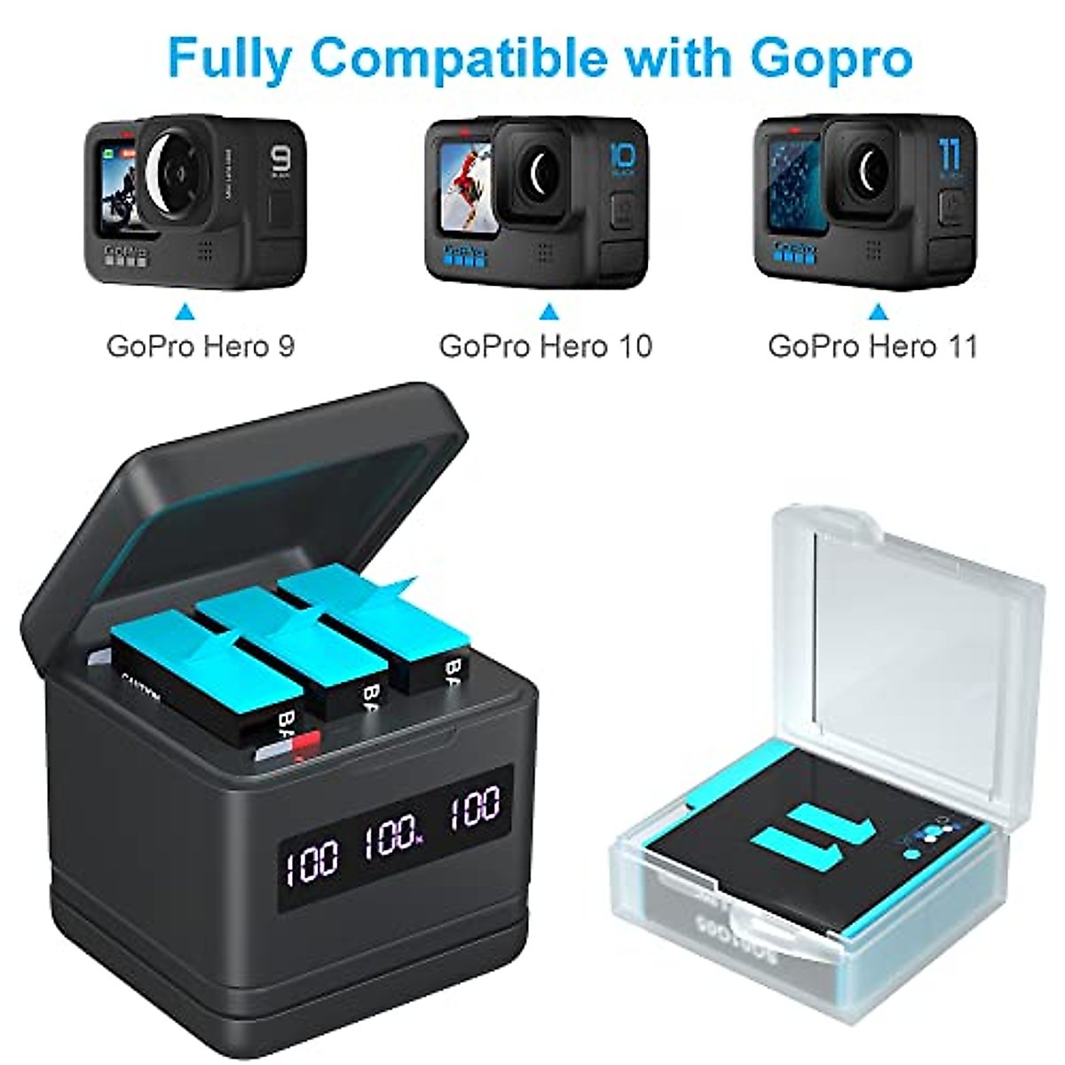 TOMSHEIR Hero 9/10/11 Battery 3-Pack 2000mAh and USB Storage Fast Charger Fully Compatible with Gopro Hero 9 Gopro Hero 10 Gopro Hero 11 Black Official with High Speed Micro SD Card Reader Function