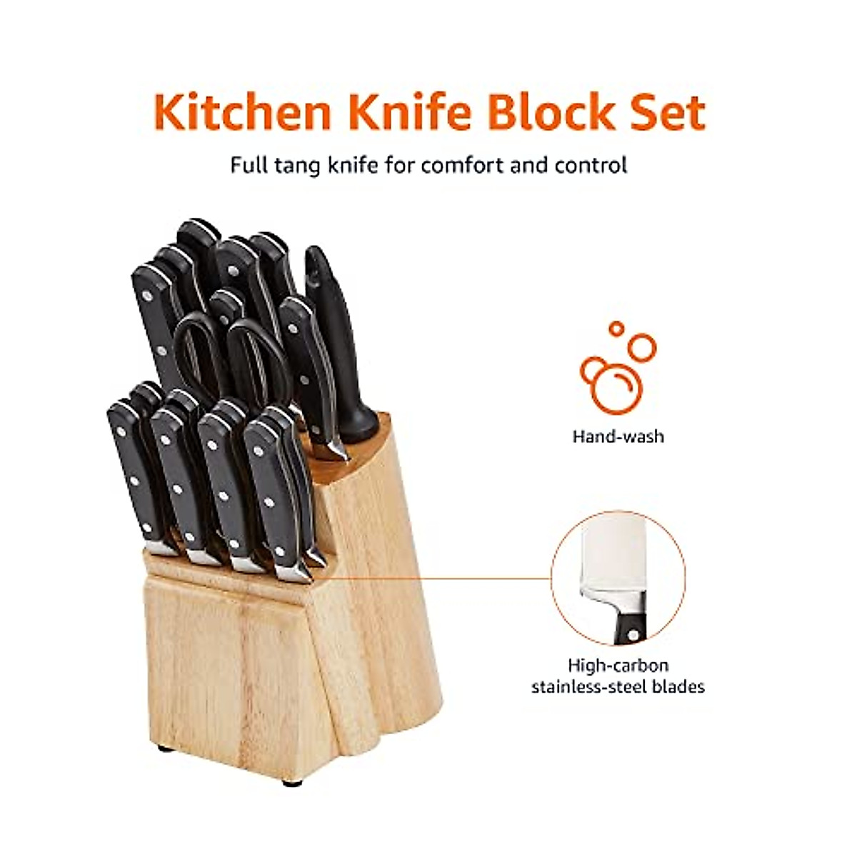 Amazon Basics 18-Piece Premium Kitchen Knife Block Set, High-Carbon Stainless Steel Blades with Pine Wood Knife Block