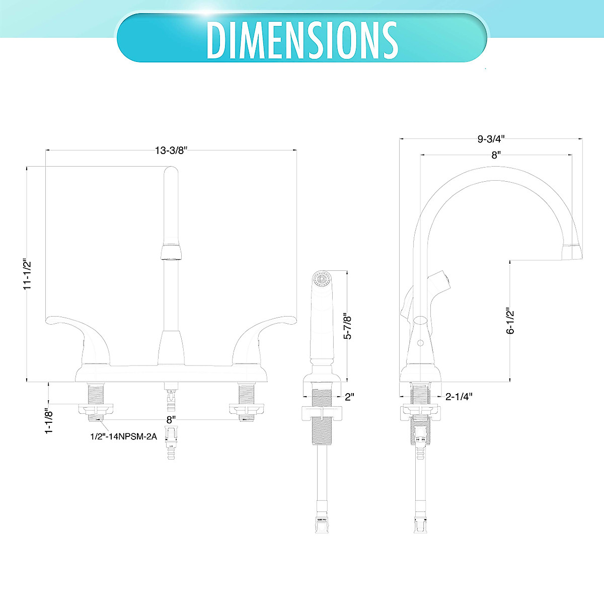 Aqua Vista 21-K822-AVD Kitchen Sink Faucet with Side Spray, Polished Chrome High Arc