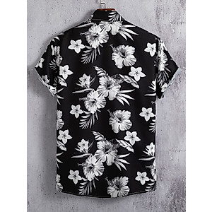 WDIRARA Men's Button Up Short Sleeve Cat Print Beachwear Striped Pocket Hawaiian Shirt Collar Top Shirts Floral Black White XXL