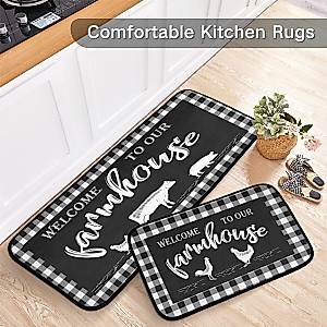 White Plaid Buffalo Farmhouse Rooster Kitchen Rugs and Mats Set 2 Piece Non Slip Washable Runner Rug Set of 2 for Kitchen Sink Floor Home Decor Laundry Welcome