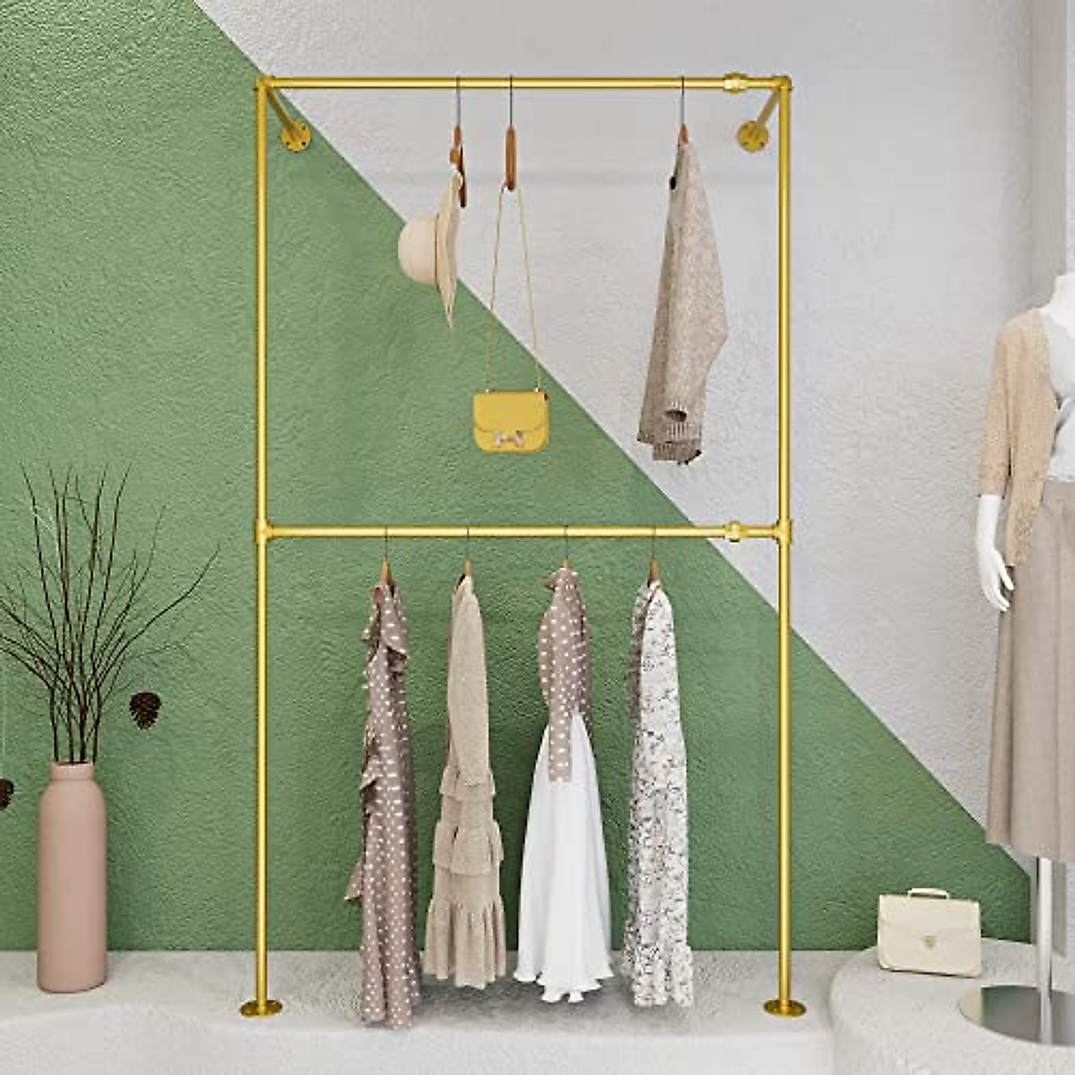 Smlttel Industrial Pipe Clothing Rack Wall Mounted,Metal Commercial Clothes Racks for Hanging Clothes,Vintage Retail Garment Rack Display Rack Cloths Rack,2 Tier Deluxe Design