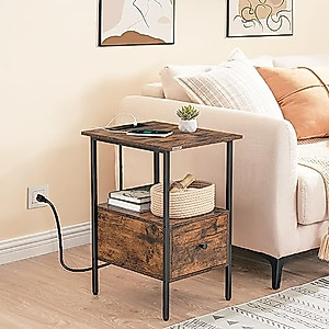 MAHANCRIS 2 End Table with Charging Station, Side Table with Imitation Rattan Drawer, 17.3-Inch Bedside Table with Wooden Drawer, Stable Beside Table, Narrow Side Table for Bedroom ETHR44E01-ETHB73E01