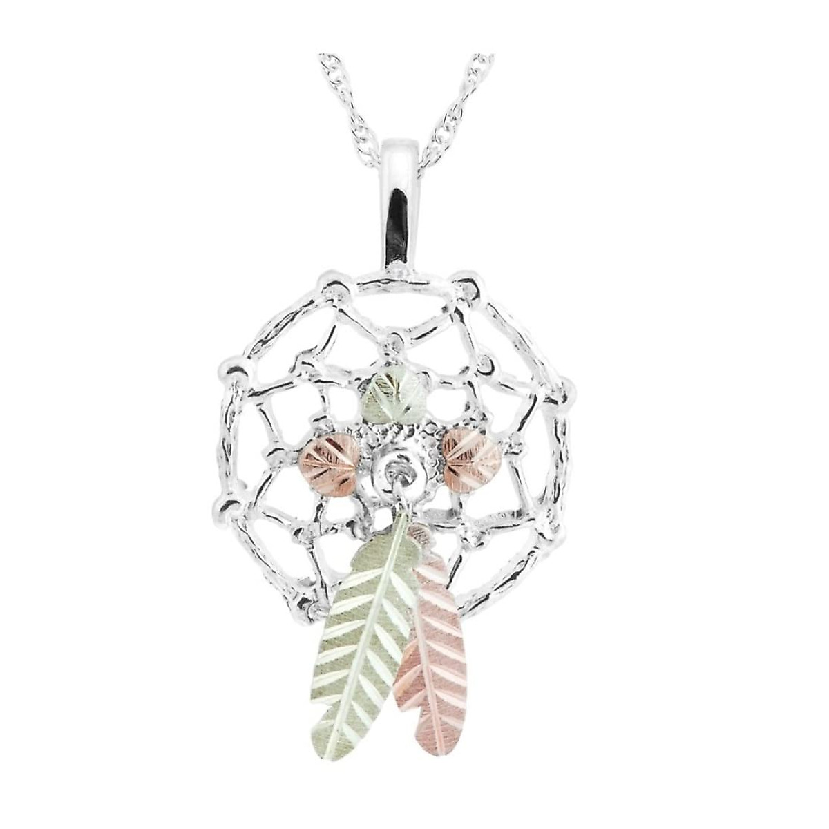 Dream Catcher Feather Pendant Necklace, Sterling Silver, 12k Green Gold, 12k Rose Gold Black Hills Gold, 18''