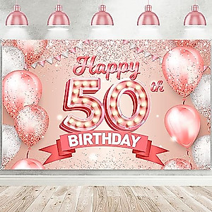 Happy 50th Birthday Rose Gold Banner Cheers to 50 Years Old Backdrop Confetti Balloons Theme Decor Decorations for Women 50 Years Old Pink Birthday Party Supplies Bday Background Favors Gift Glitter