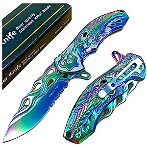 Super Knife 8" Rainbow Dragon Tactical Spring Assisted Open EDC Blade Folding Pocket knife