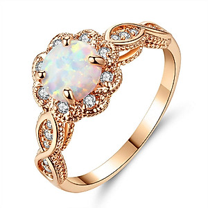 CiNily Opal Rings for Women-18K Rose Gold Plated White Fire Opal Zirconia Women Jewelry Gemstone Engagement Anniversary Ring Size 7