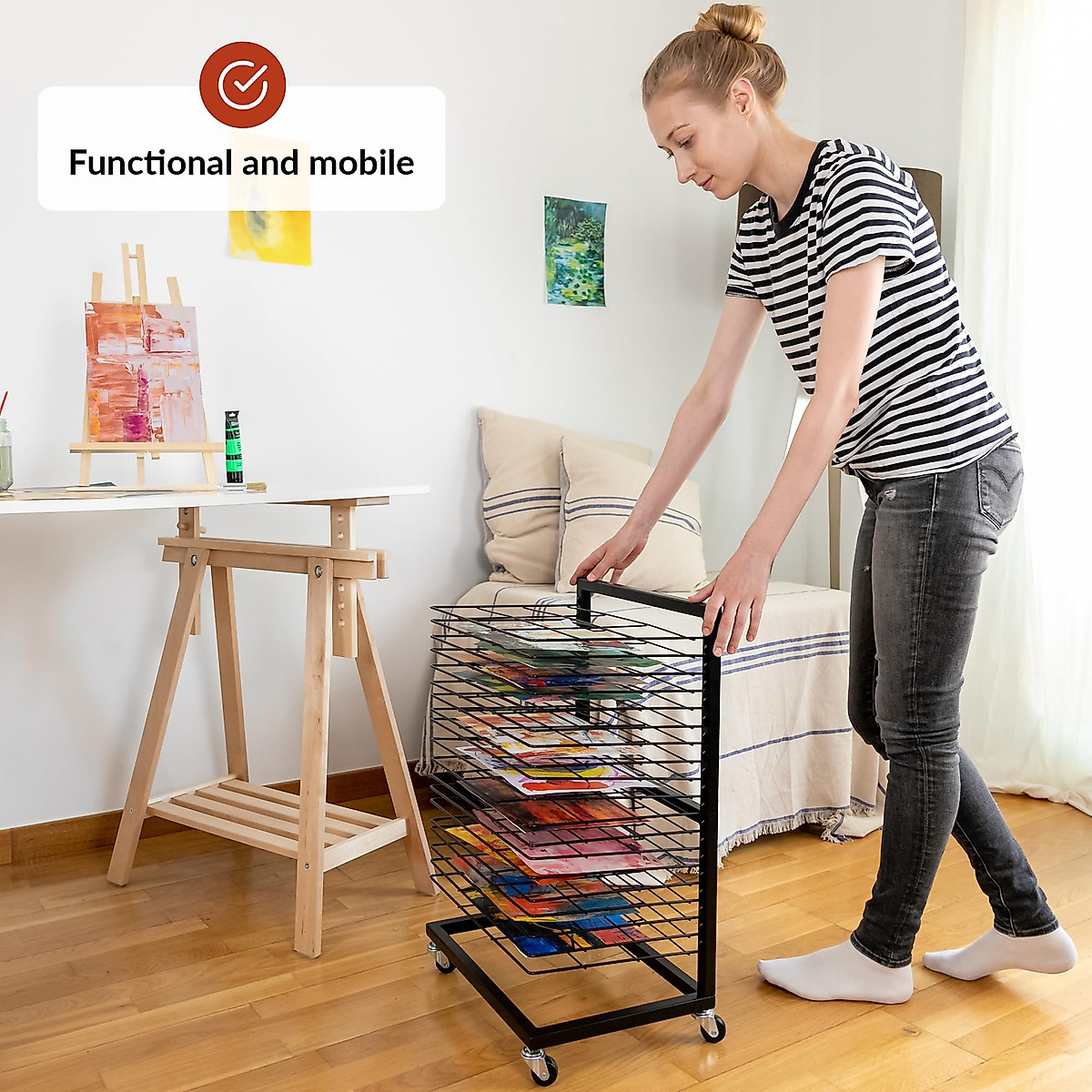 ODOXIA Art Drying Rack for Classroom | Functional & Mobile Paint Drying Rack | 19 Removable Shelves | Canvas Rack Art Storage | Painting Drying Rack with Wheels | Stack Rack for Painting, and More