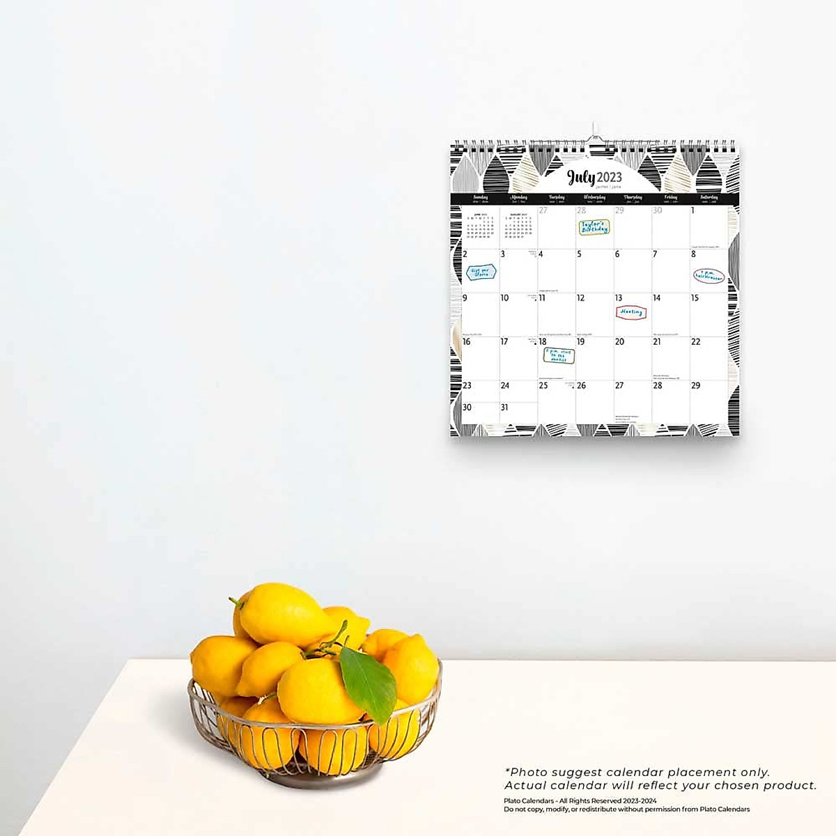 Ebony and Ivory | 2024 12 x 12 Inch 18 Months Monthly Square Wire-O Calendar | Sticker Sheet | July 2023 - December 2024 | Plato | Stationery Planning