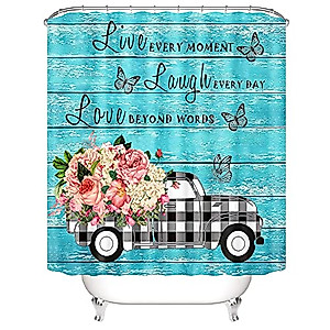 jieprom 4PCS Rose Flower Truck Shower Curtain Set with Non-Slip Rugs, Toilet Lid Cover and Bath Mat, Teal Shower Curtain with 12 Hooks, Insipirational Bathroom Decor Set, Love, Live and Laugh