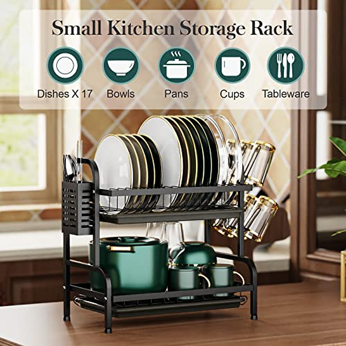 iSPECLE Dish Drying Rack for Kitchen Counter 2 Tier Dish Rack with Cup Holder, Dish Drainer with Drainboard and Utensil Holder Large Capacity for Small Kitchen Countertop Saving Space