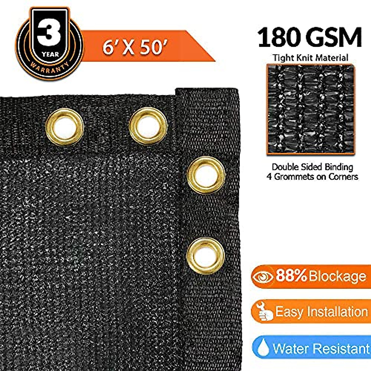 6' x 50' Wind Privacy Screen Fence (Set of 2-100' Long), Commercial Grade Fabric Mesh with Durable Grommets, Black | 180GSM