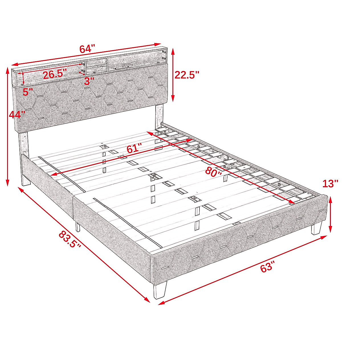 AnwickNomo Queen Size Wood Bed Frame with Fabric Upholstered Headboard and Solid Wood Slats,Wood Platform Bed with Outlet & USB Ports,No Box Spring Needed/Easy Assembly (Grey, Queen)