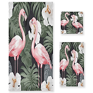Flradish Flamingos Palm Flower Towels 3 Pack Bath Towels for Bathroom Set Soft Cotton Highly Absorbent Lightweight & Quickdry Towel Set 1 Bath Towel,1 Hand Towel,1 Washclothe