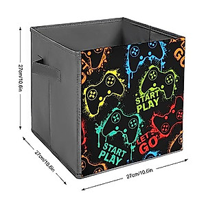 DamTma Video Game Storage Cubes Bin Fabric Foldable Joystick Gamepad Neon Storage Box Organizer Storage Boxes with Handles for Clothing Toys Game Controller Storage 11x11x11 Inch