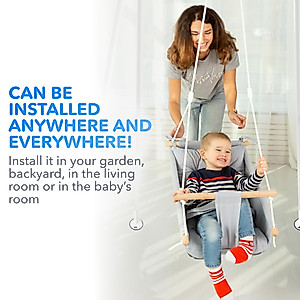 CaTeam - Canvas Kids Swing with Stand, Wooden Hanging Swing Seat Chair with Safety Belt, Durable Toddler Swing Chair, Outdoor and Indoor Swing for Kids, Blue Gray