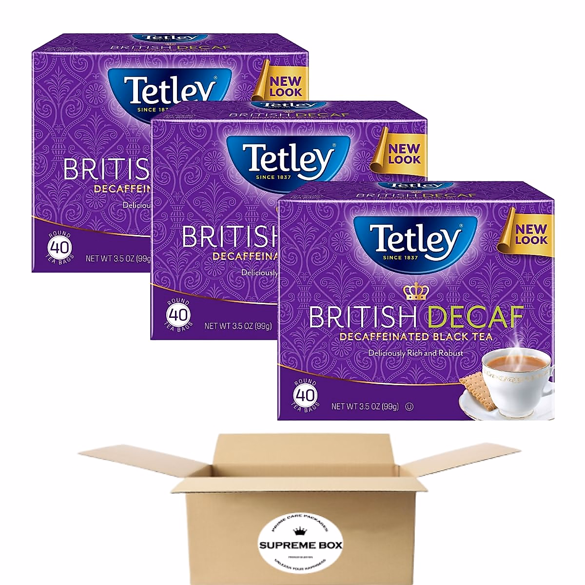TETLEY Premium Black Tea, Decaffeinated British Blend - Pack of 3 (120 tea bags in total) by SUPREME BOX, WHITE