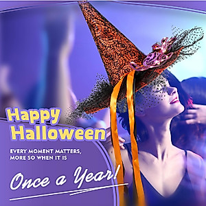 UNKENBO Orange LED Light Witch Hats for Women - Fancy Light Weight Halloween Witch Hat with Cute Lace and Large Hat Brim Unique Halloween Designs and Purple Feather for Witch Costume Size: 20 inch