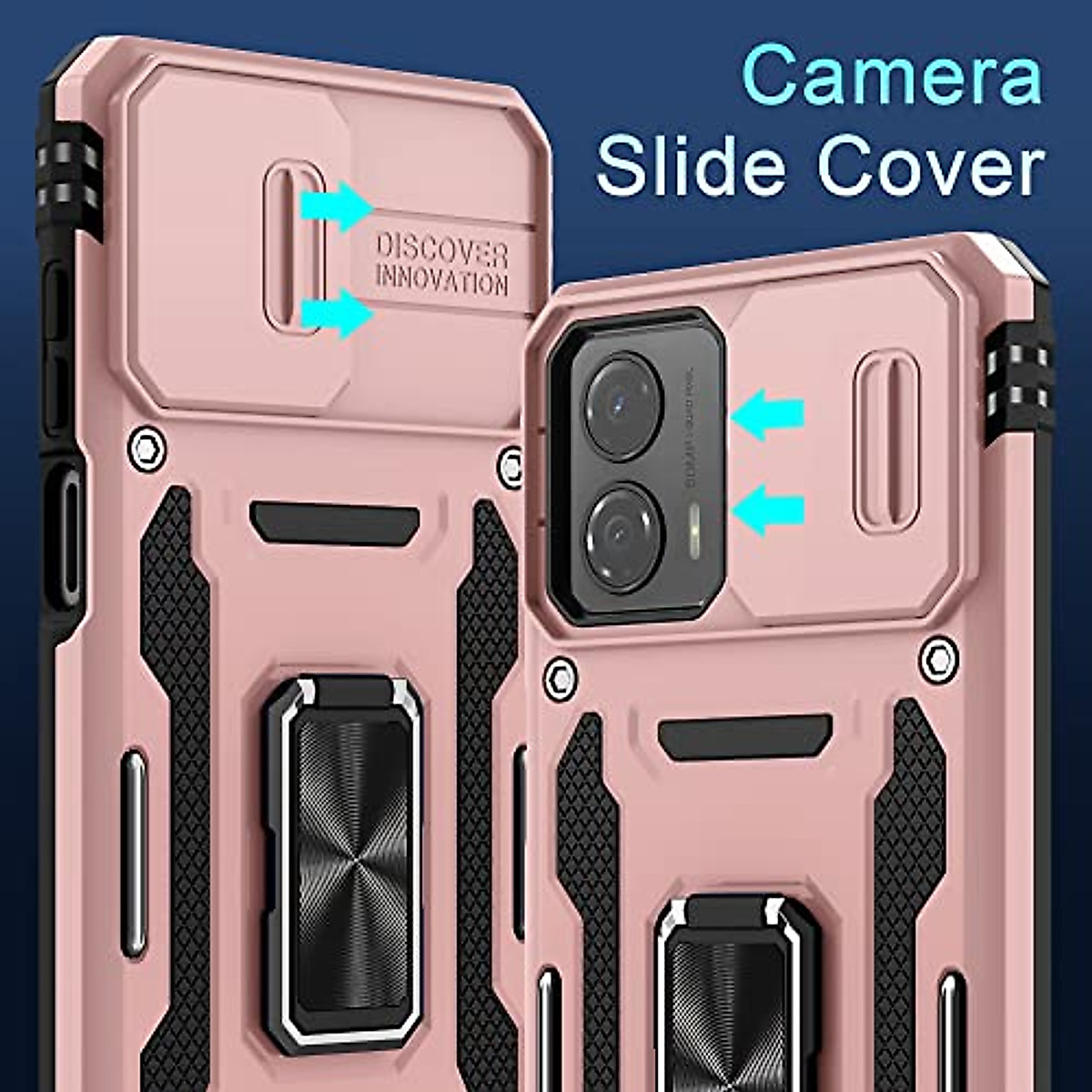 DEERLAMN Case Compatible with Moto G 5G 2023 with Slide Camera Cover+Screen Protector(1 Pack),Rotated Ring Kickstand Military Grade Shockproof Protective Cover-Rose Gold