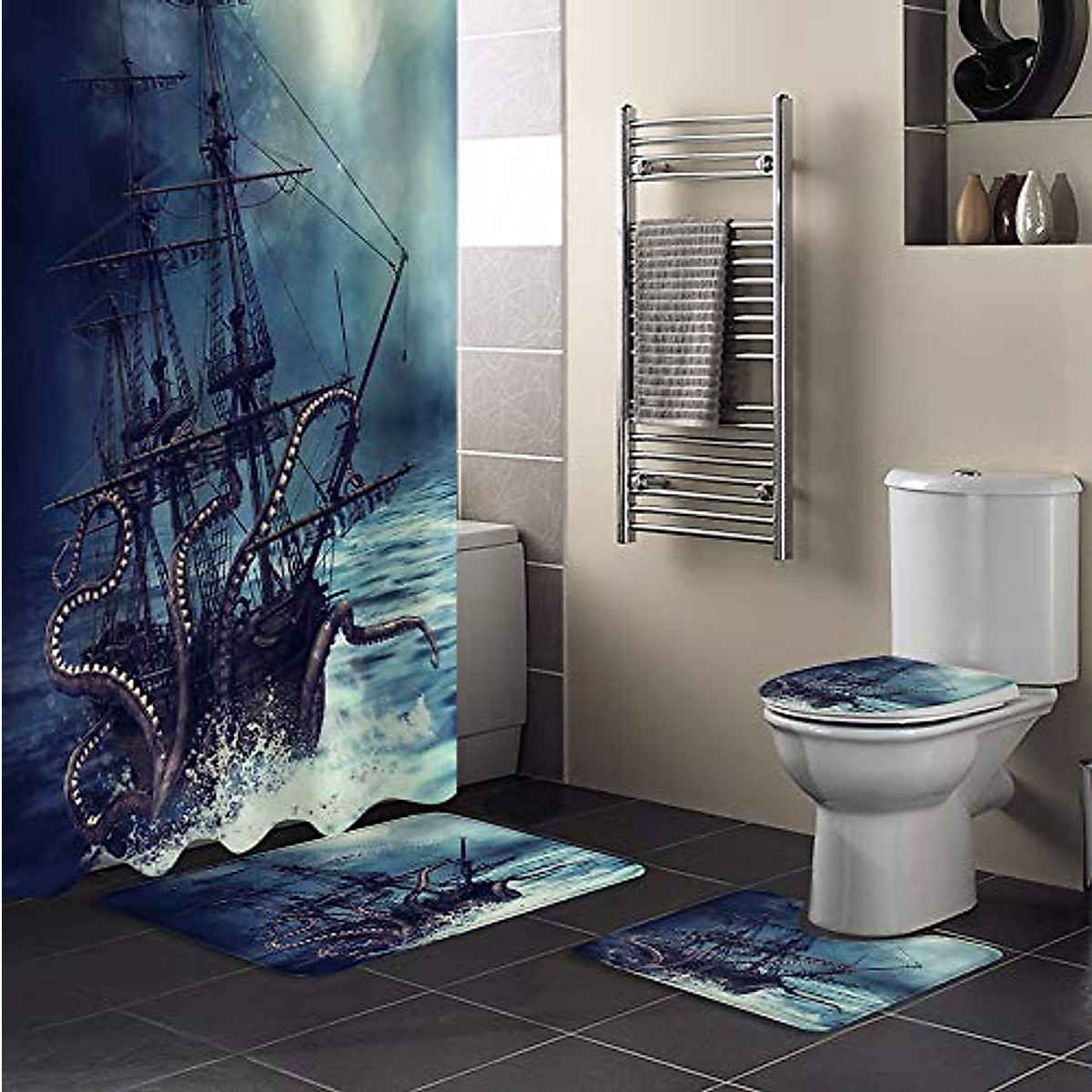 BestLives 4 Pcs Shower Curtain Sets with Rugs Ocean Kraken Octopus Sailboat Non-Slip Soft Toilet Lid Cover for Bathroom Retro Sketching Bathroom Sets with Bath Mat and 12 Hooks