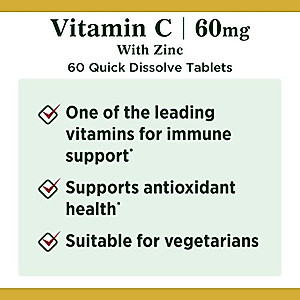 Vitamin C + Zinc by Nature's Bounty, Vitamin Supplement, Supports Immune Health, 60 mg, 60 Tablets