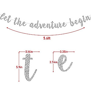 Let The Adventure Begin Banner, Retirement, Graduation, Bridal Shower, Wedding, Farewell Party Decorations, Travel Themed Baby Shower Hanging Bunting Supplies, Pre-strung, Silver Glitter