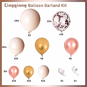 Blush Balloon Garland Kit, Nude Beige Metallic Gold and Rose Gold Confetti Latex Balloons Double Stuffed Cream Pink White Balloon Arch for Girls Wedding Baby Bridal Shower Birthday Party Decorations