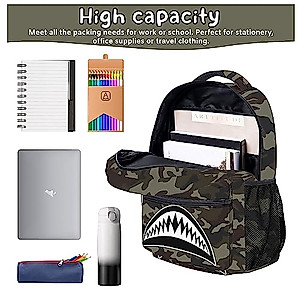 Cbntnaf Camo Daypack for Women Men, Shark Teeth Bookbag for Boys Girls, Large Capacity Lightweight Backpack for School Work Camping Hiking