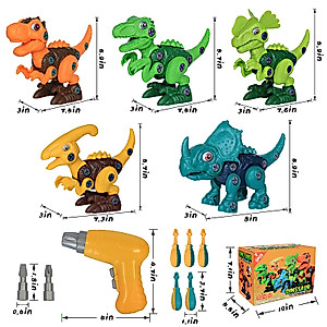 Teiiluve (5 Pack) Dinosaur Toys for Kids 3, 4, 5, 6, 7 8 - Kids Toys with Electric Drill - Stem Learning Construction Building Toys - Party Birthday Gifts for Kids Boys Girls