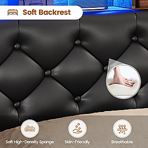 BTHFST Queen Bed Frame with 4 Drawers & Hidden Storage Headboard, LED Bed Frame Queen Size with Charging Station, Upholstered Bed Frame Queen with Metal Slats, No Box Spring Needed, Black PU