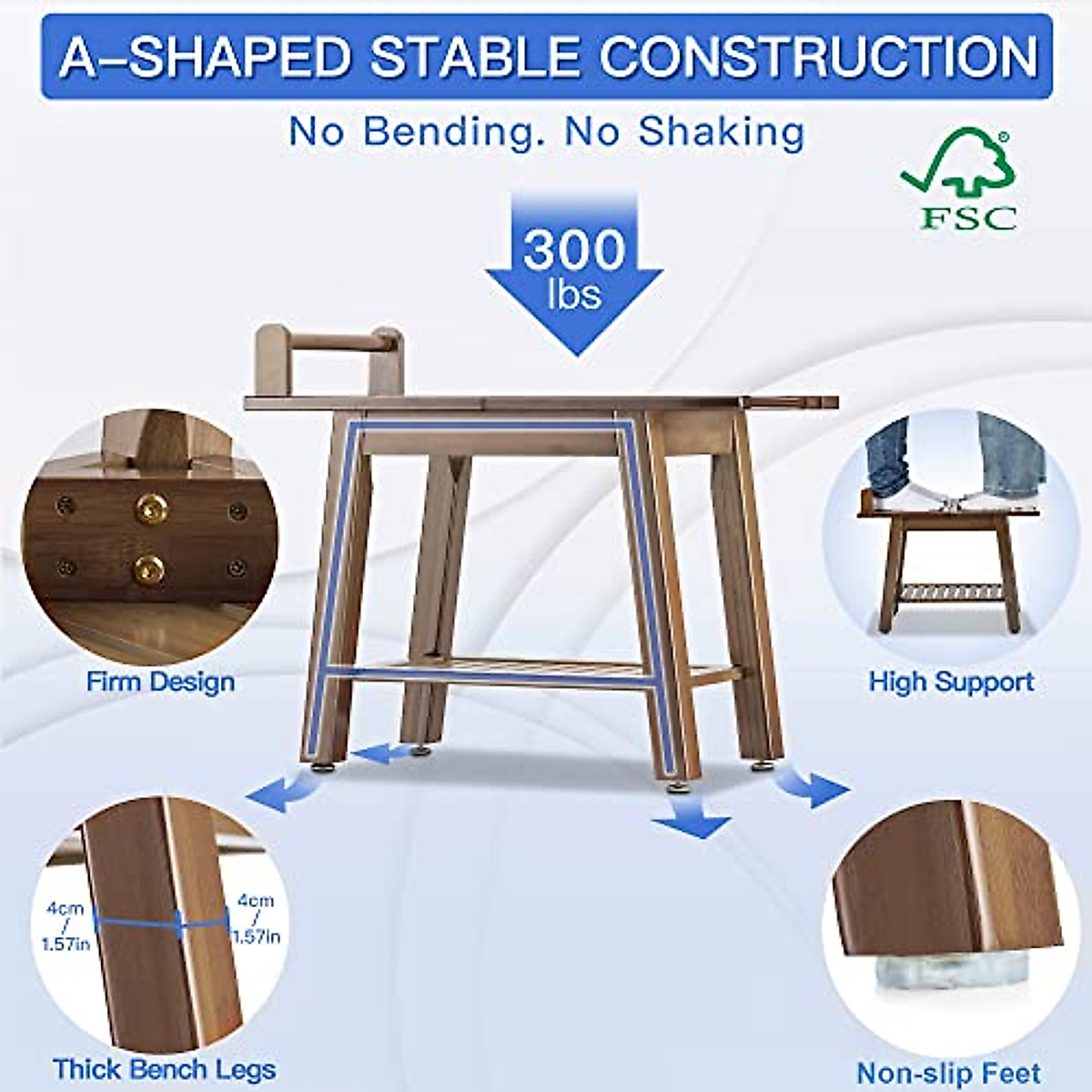 ETECHMART 2-Tier Bamboo Shower Bench, 24 Inch Spa Stool with Storage Shelf for Inside Shower Legs Shaving, Entryway or Bathroom, A-Shaped Shower Bath Seat for Seniors Adults Disabled Women, Walnut