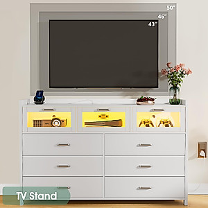 Alohappy White Dresser for Bedroom, 9 Drawers Dresser with LED Lights and Charging Station, Chest of Dresser for Bedroom with 3 Visual Drawers, Wood Drawer Organizer for Bedroom, Living Room, Hallway