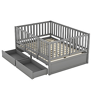Harper & Bright Designs Kids Full Size Bed with Storage Drawers and Rails Fence, Wood Daybed Frame Montessori Bed for Girls Boys, Can Split into Independent Floor Bed & Daybed, Gray