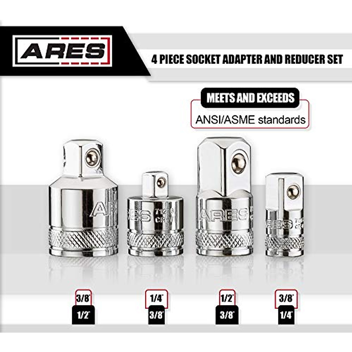 ARES 70007-4-Piece Socket Adapter and Reducer Set - 1/4-Inch, 3/8-Inch, & 1/2-Inch Ratchet/Socket Set Extension/Conversion Kit - Premium Chrome Vanadium Steel with Mirror Finish