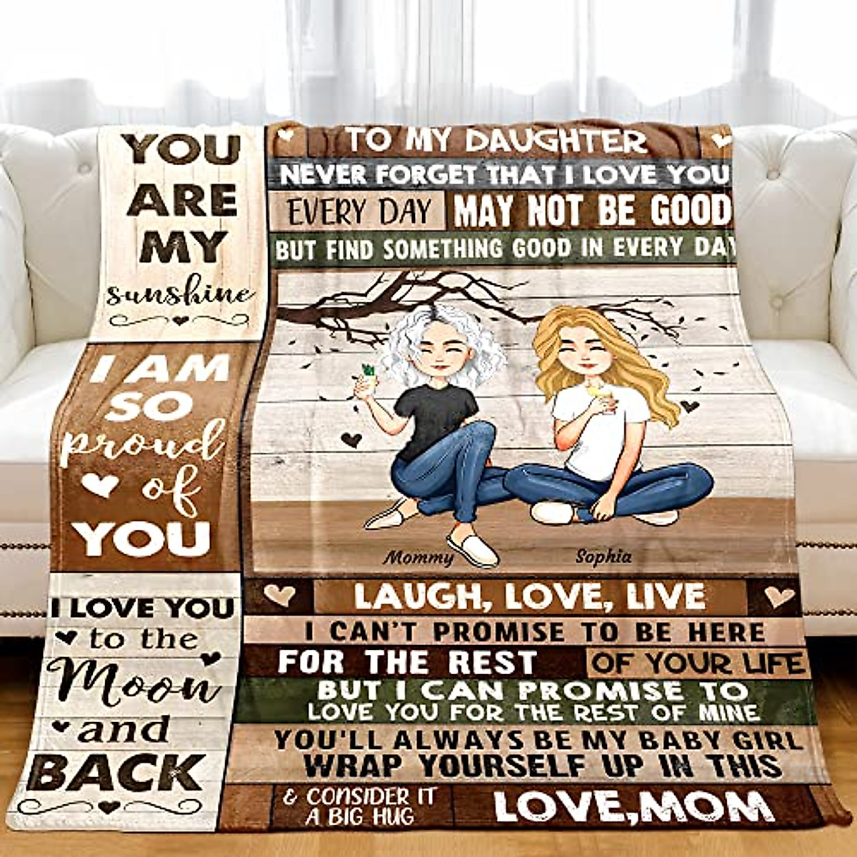 KERAOO Custom to My Daughter Blanket from Mom - You are My Sunshine - Personalized Name Blanket for Daughters Christmas Graduation