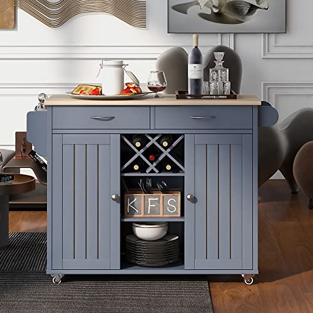 FEELLE Kitchen Island Cart Rolling Mobile Kitchen Island Cart with 2 Storage Cabinets and 4 Locking Wheels, Wine Racks, Drawers, Spice & Towel Rack for Dining Room, Blue