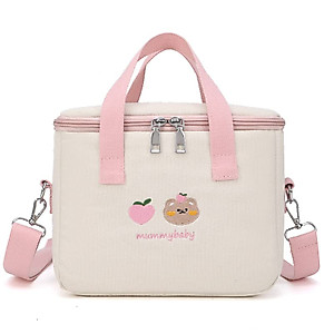 Kawaii Lunch Bag Cute Embroidery Lunch Box Reusable Thermal Cooler Lunch Tote Bag for Back to School Supplies (Pink)